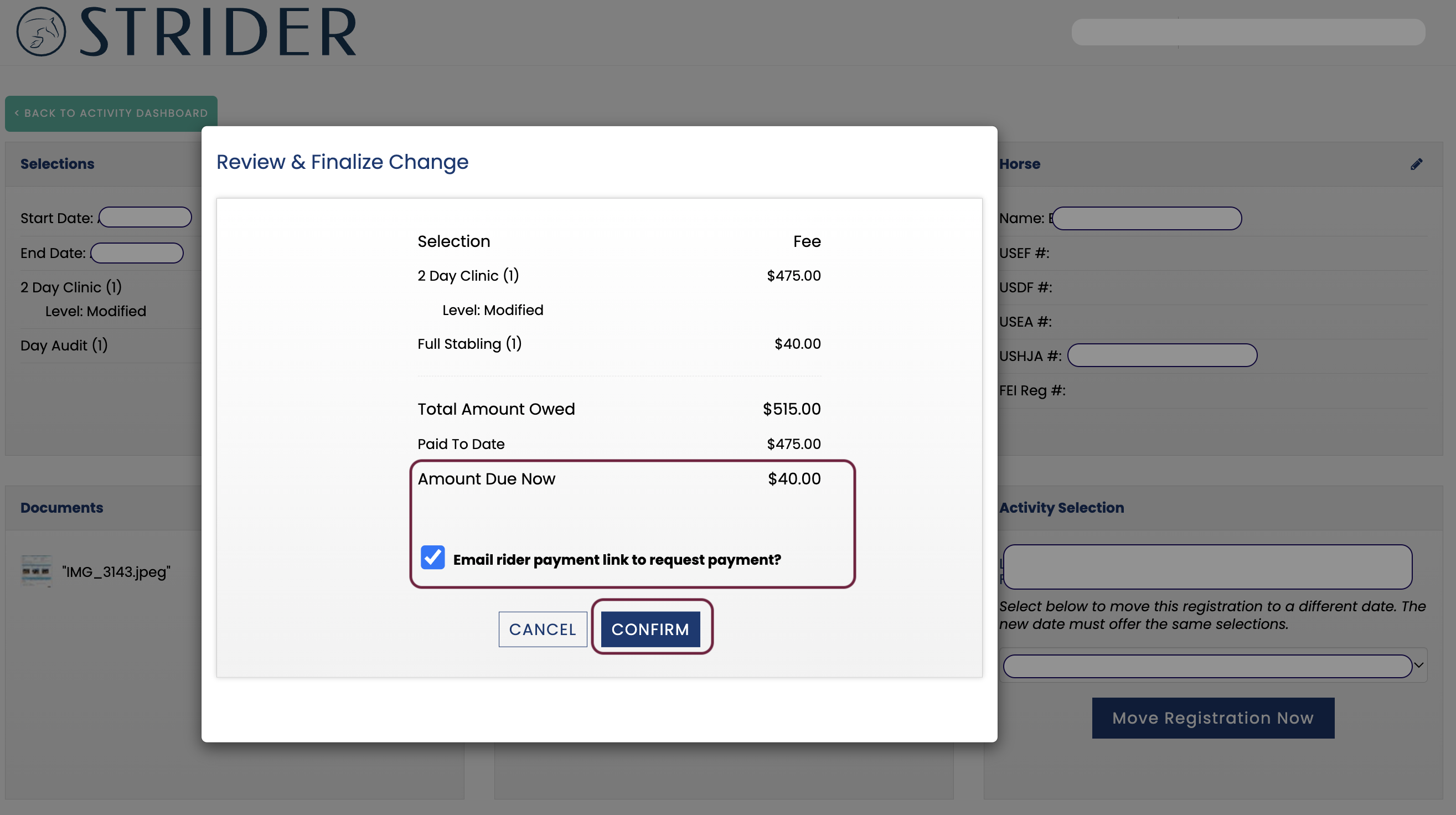 How To Send Rider A Payment Link For An Entry Change | STRIDER